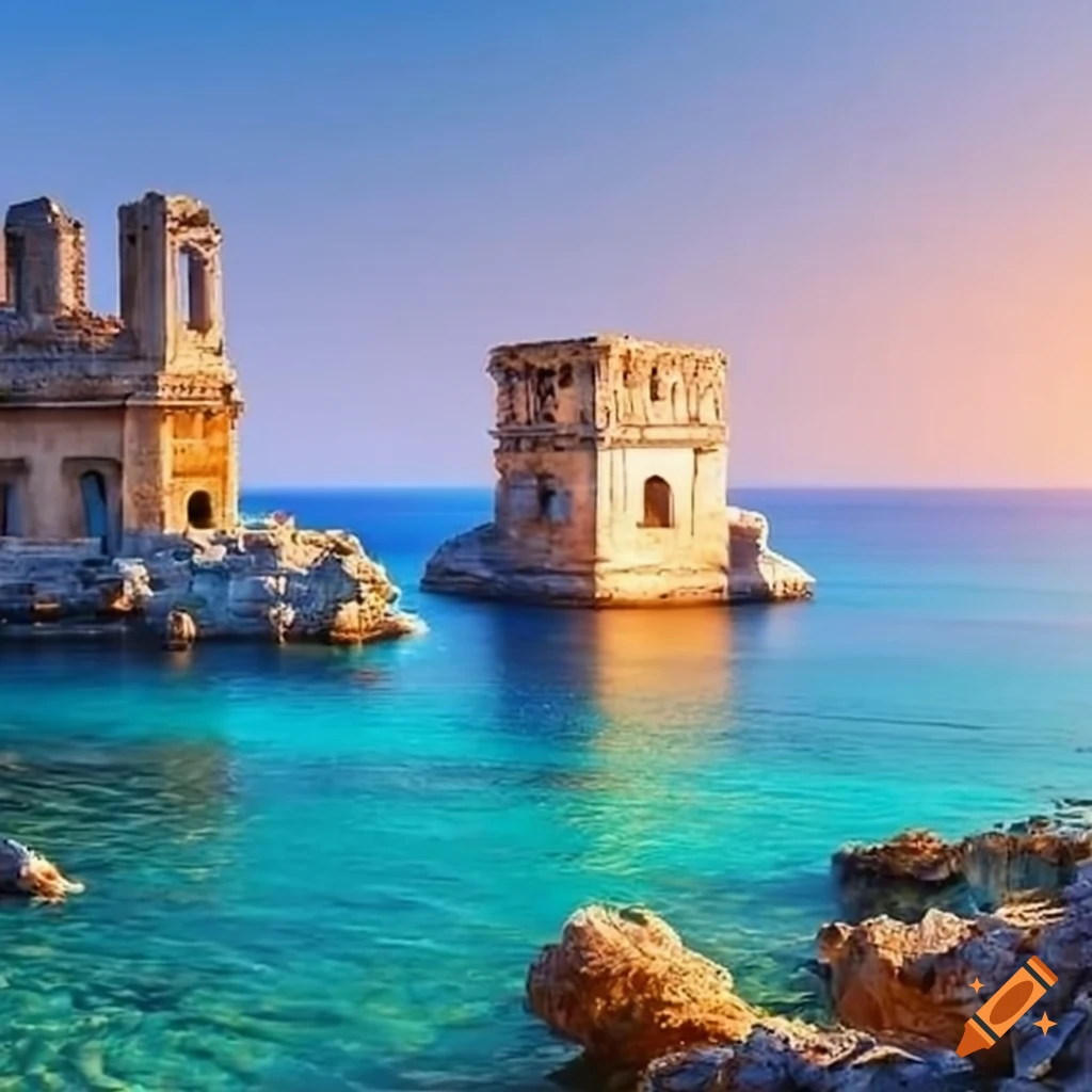 Exploring mediterranean ancient ruins by the sea on Craiyon