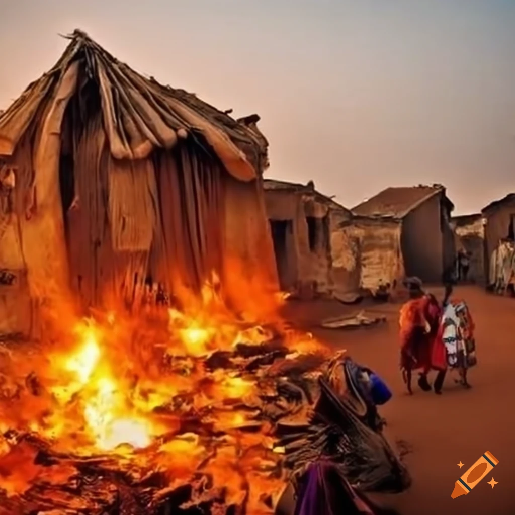 Traditional african town burning on Craiyon