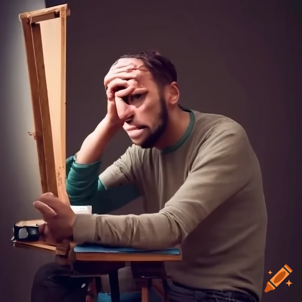 Stressed artist looking at phone in front of easel on Craiyon
