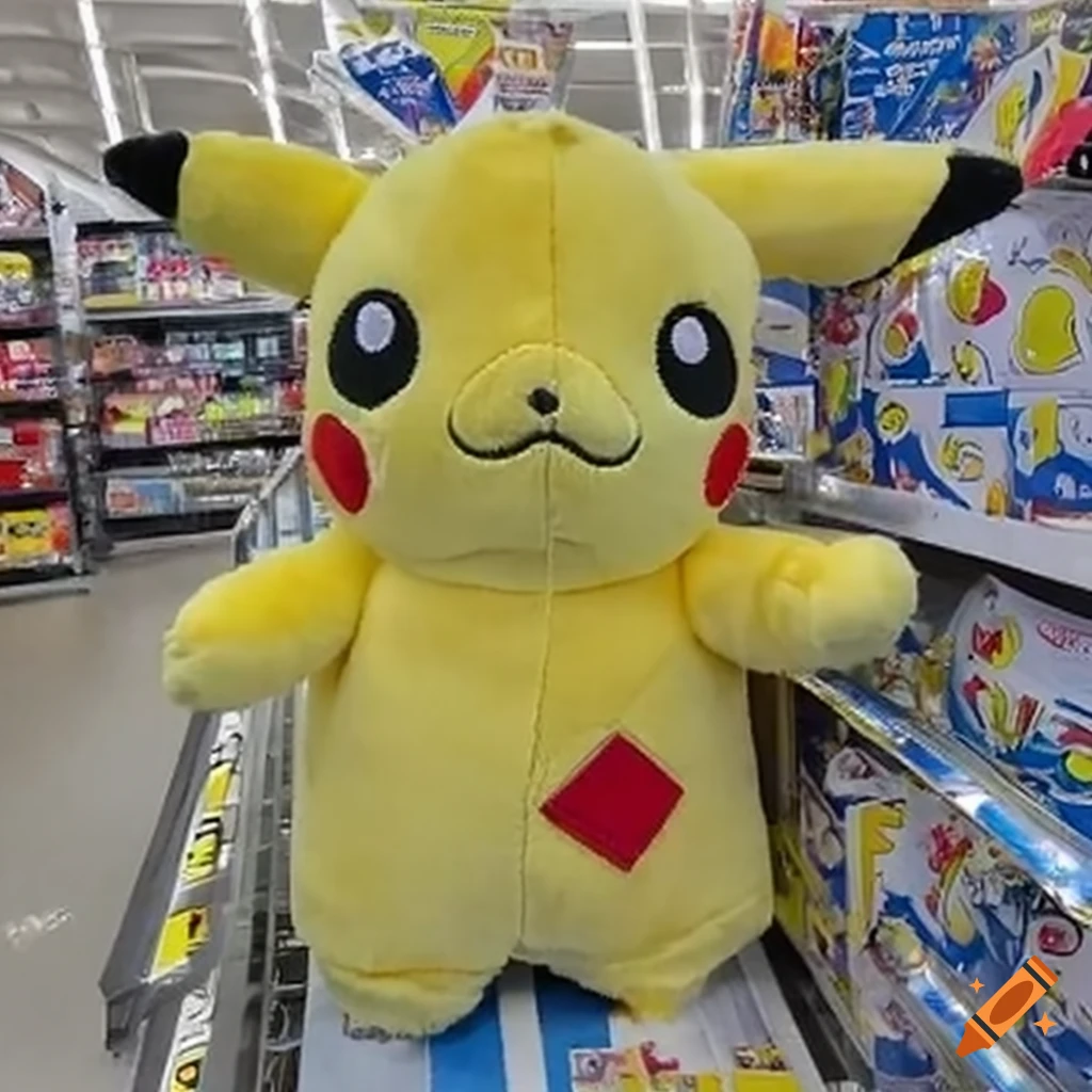 Shelf in a store full of Pikachu plushies on Craiyon