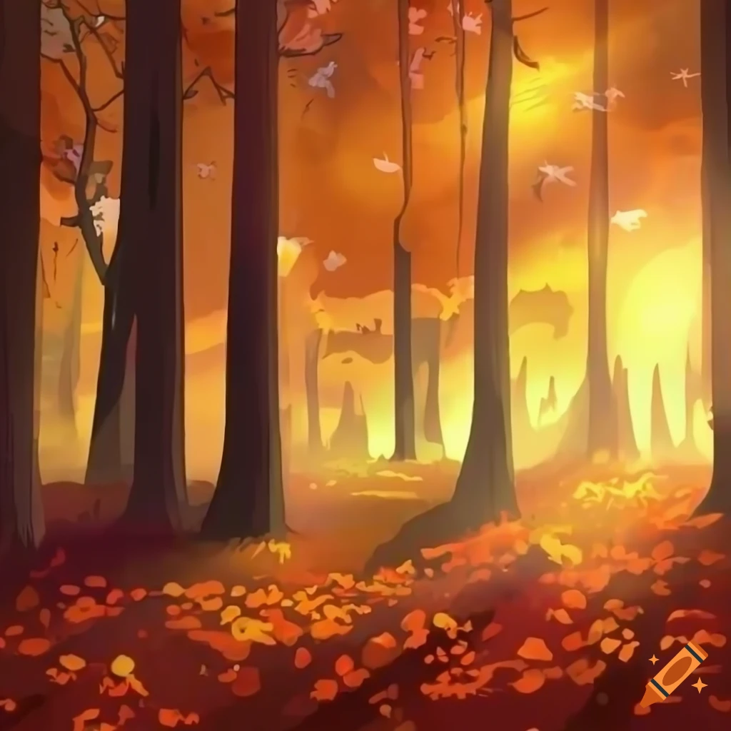 Autumn scene with crunchy leaves and tall trees in Adventure Time style ...