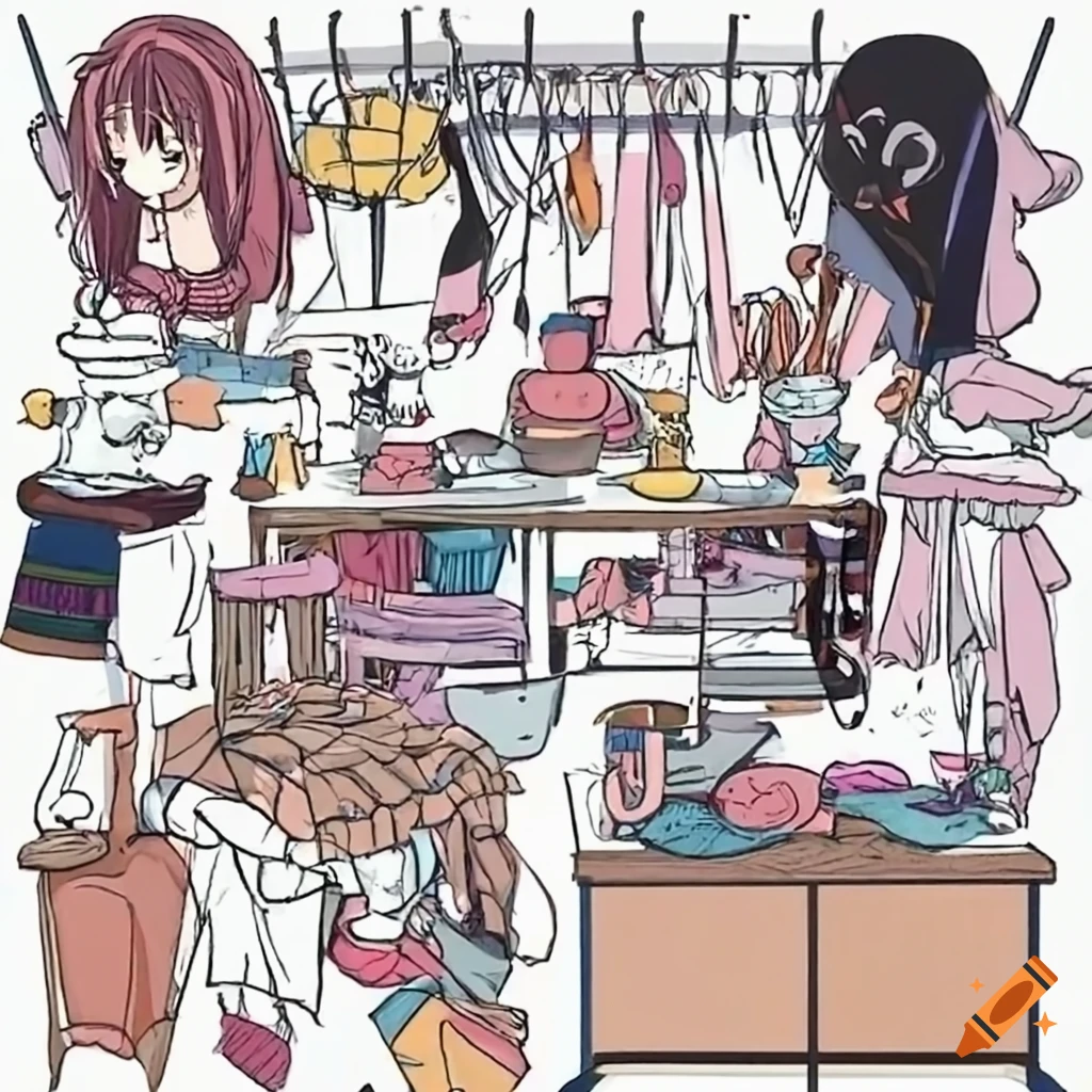 Messy sewing workshop in manga style on Craiyon