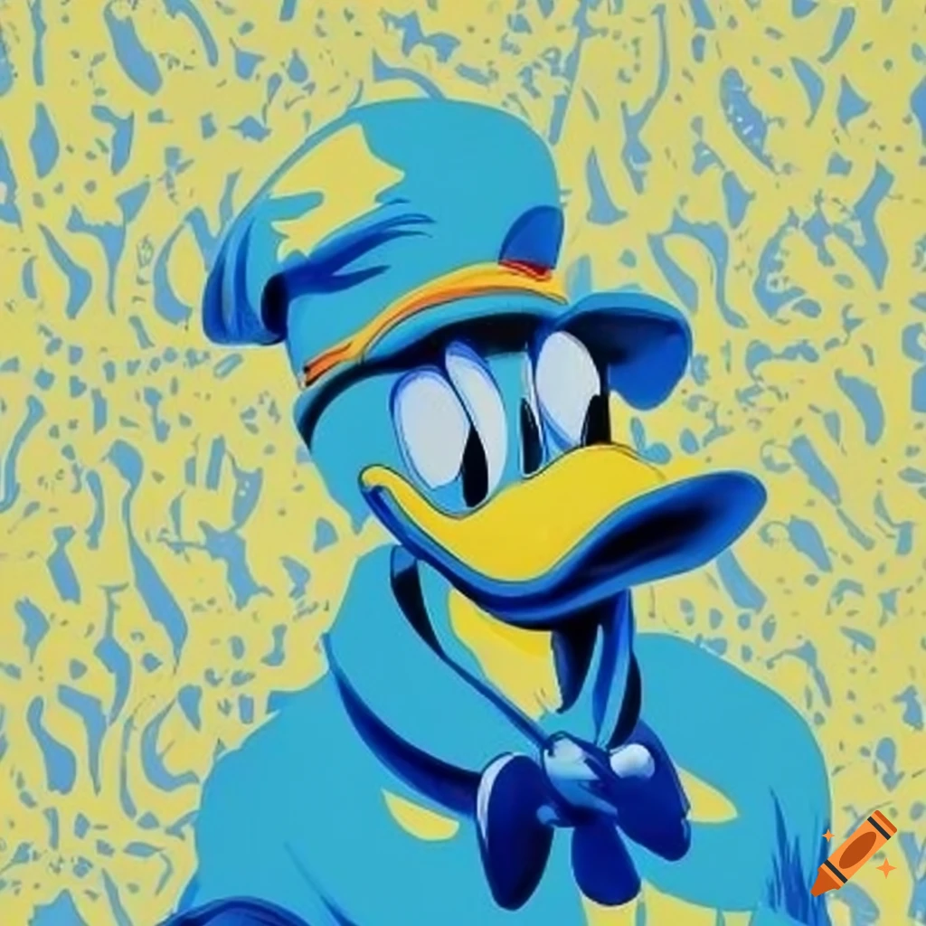 Pop art print of donald duck in blue, yellow & white on Craiyon
