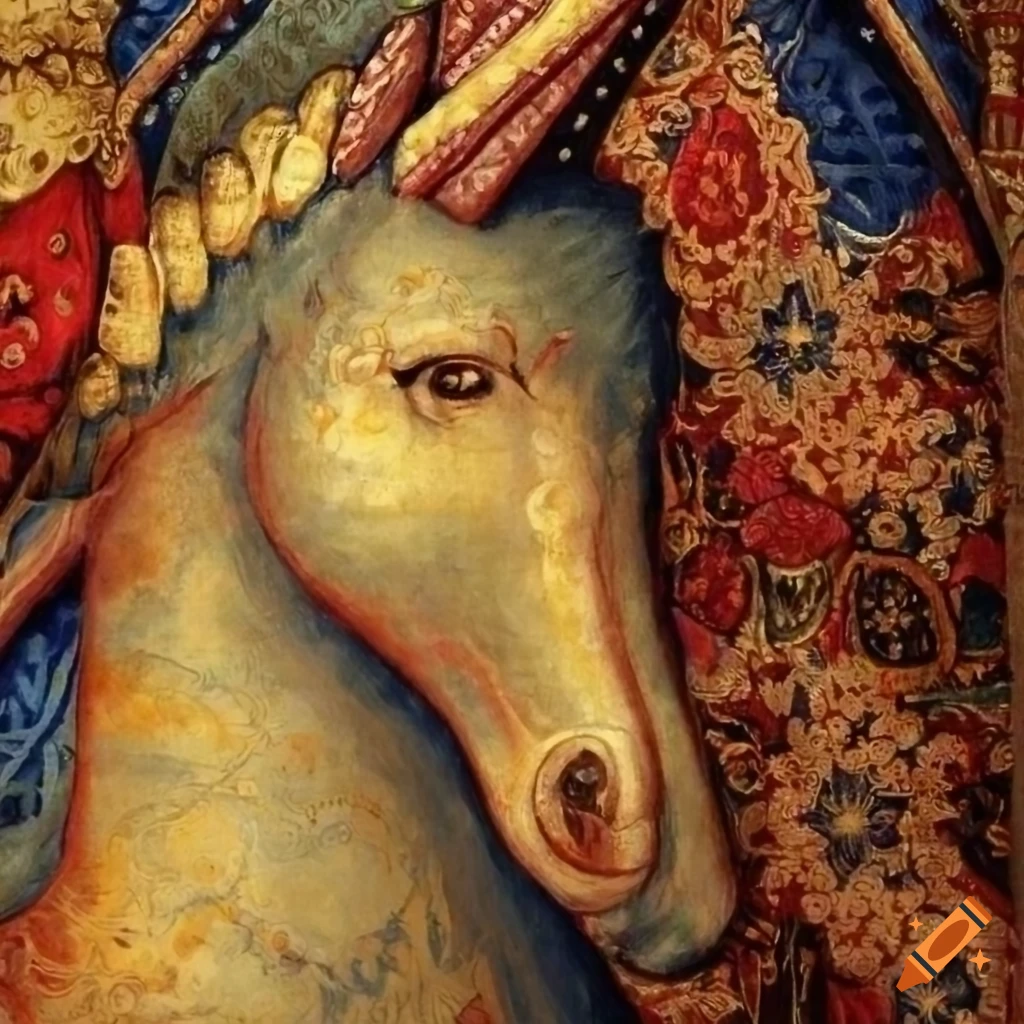 Medieval-style masterful unicorn tapestry with detailed patchwork on ...