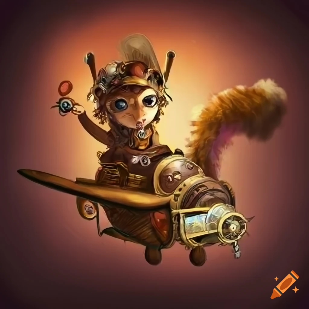 Squirrel pilot flying a steampunk plane in fantasy art style on Craiyon