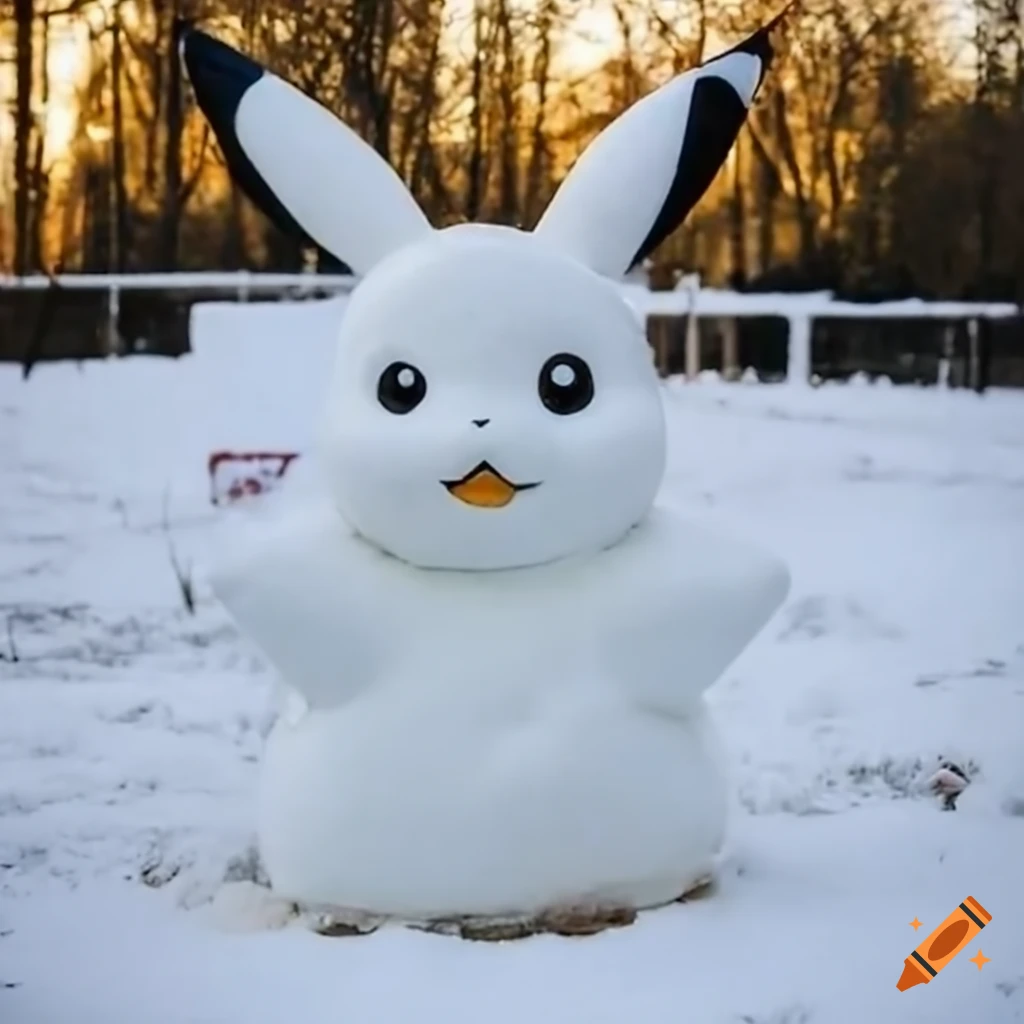 Pikachu snow sculpture in a winter setting on Craiyon