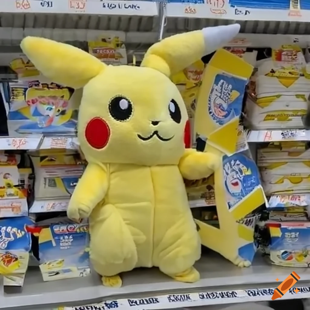 Shelf in a store full of Pikachu plushies on Craiyon