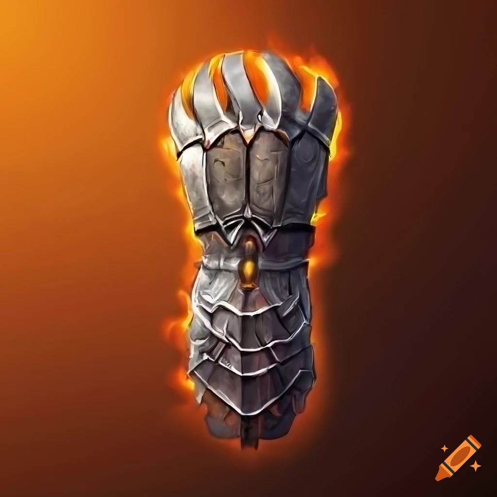 Intricately designed metal gauntlet with flowing fiery orange lines on ...