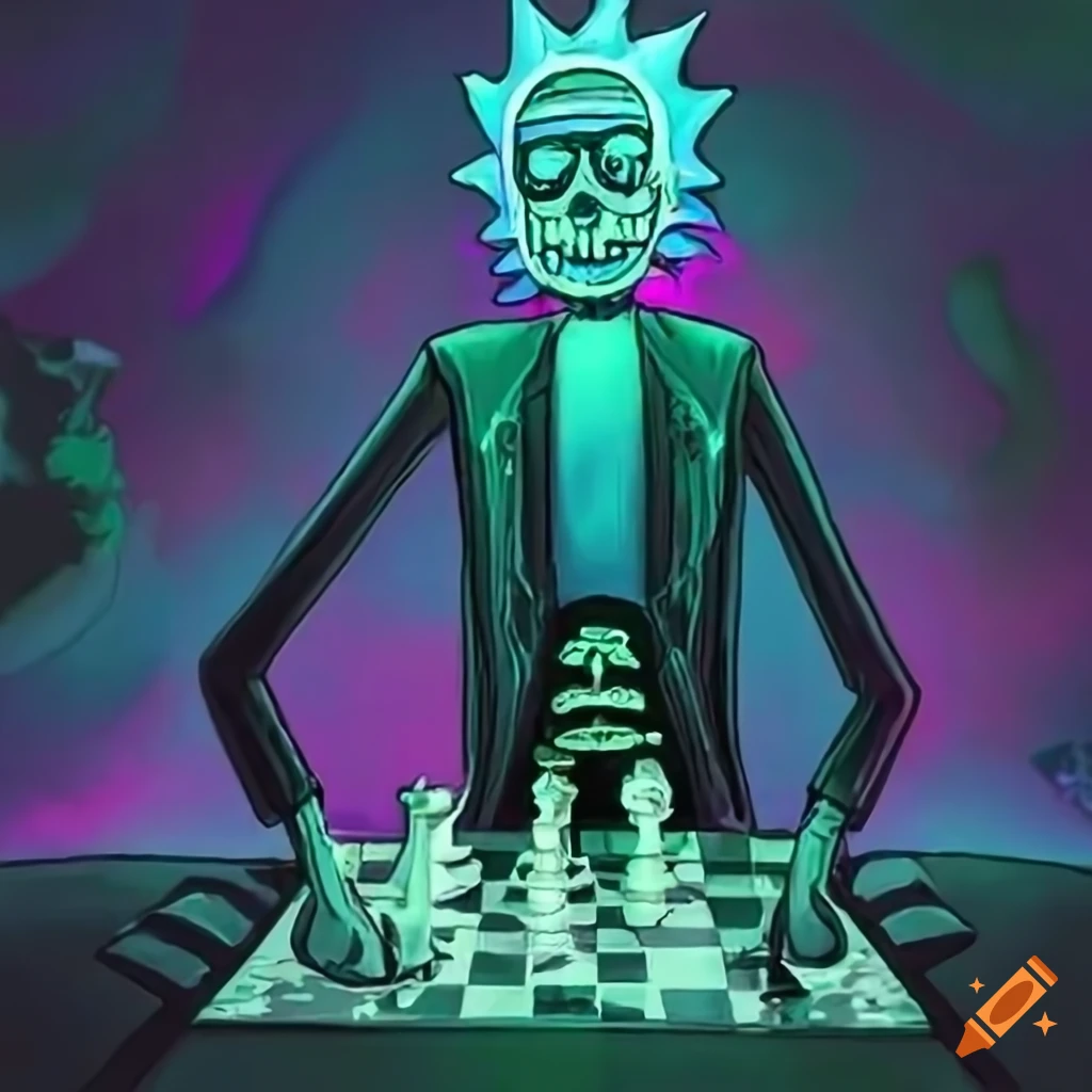 Skeleton playing chess with Rick and Morty in surreal neon glow on Craiyon