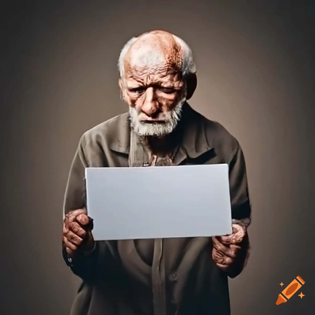 Elderly homeless man with a sign "will work for free" on Craiyon