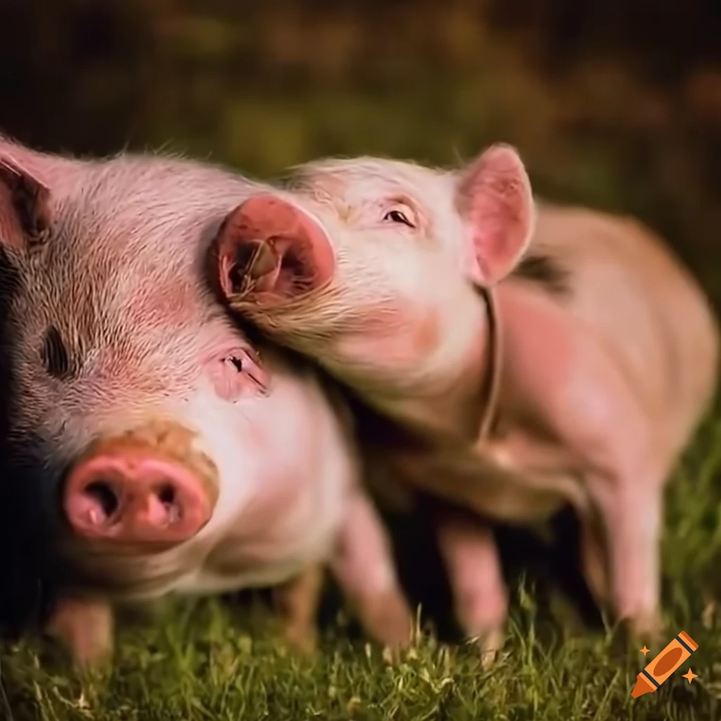 Adorable scene of two pigs hugging in a colorful meadow on Craiyon