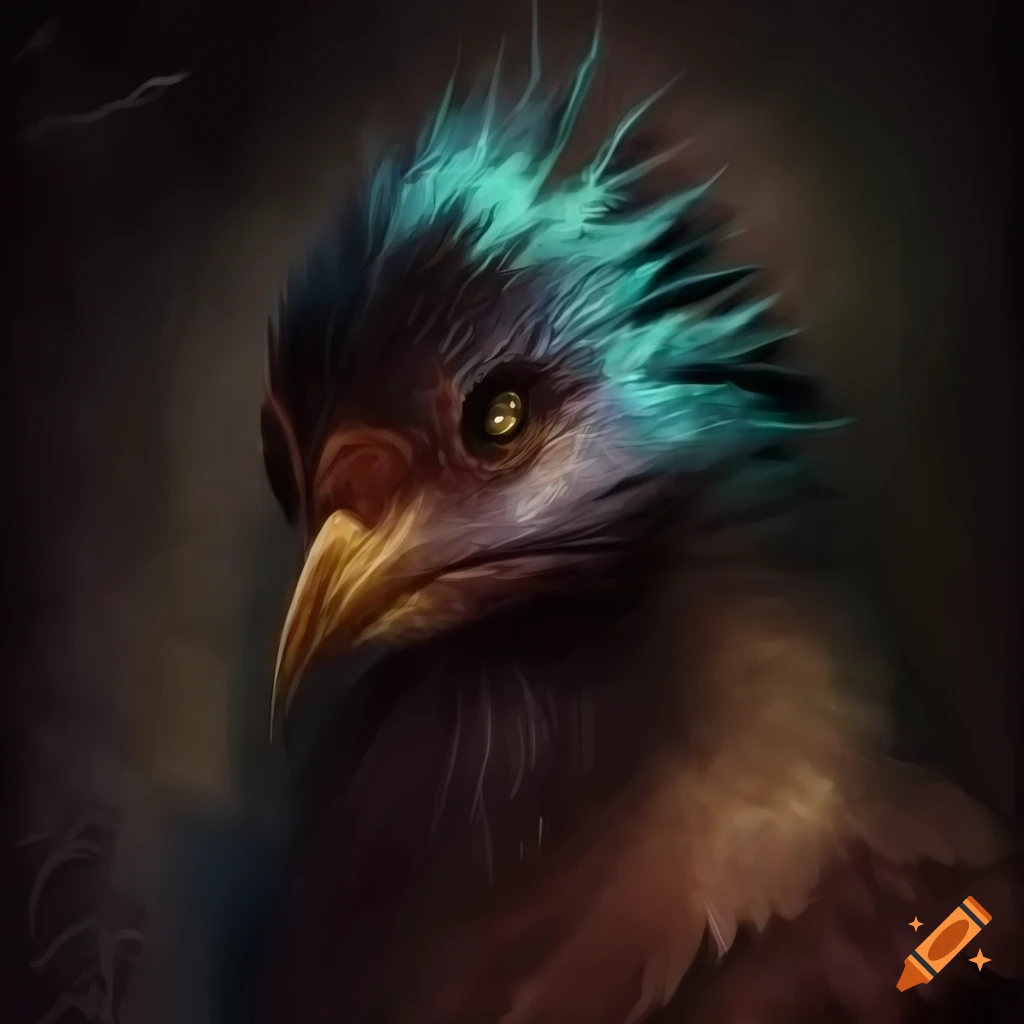 Gamayun bird with black feathers and shadow magic perched in a fantasy ...