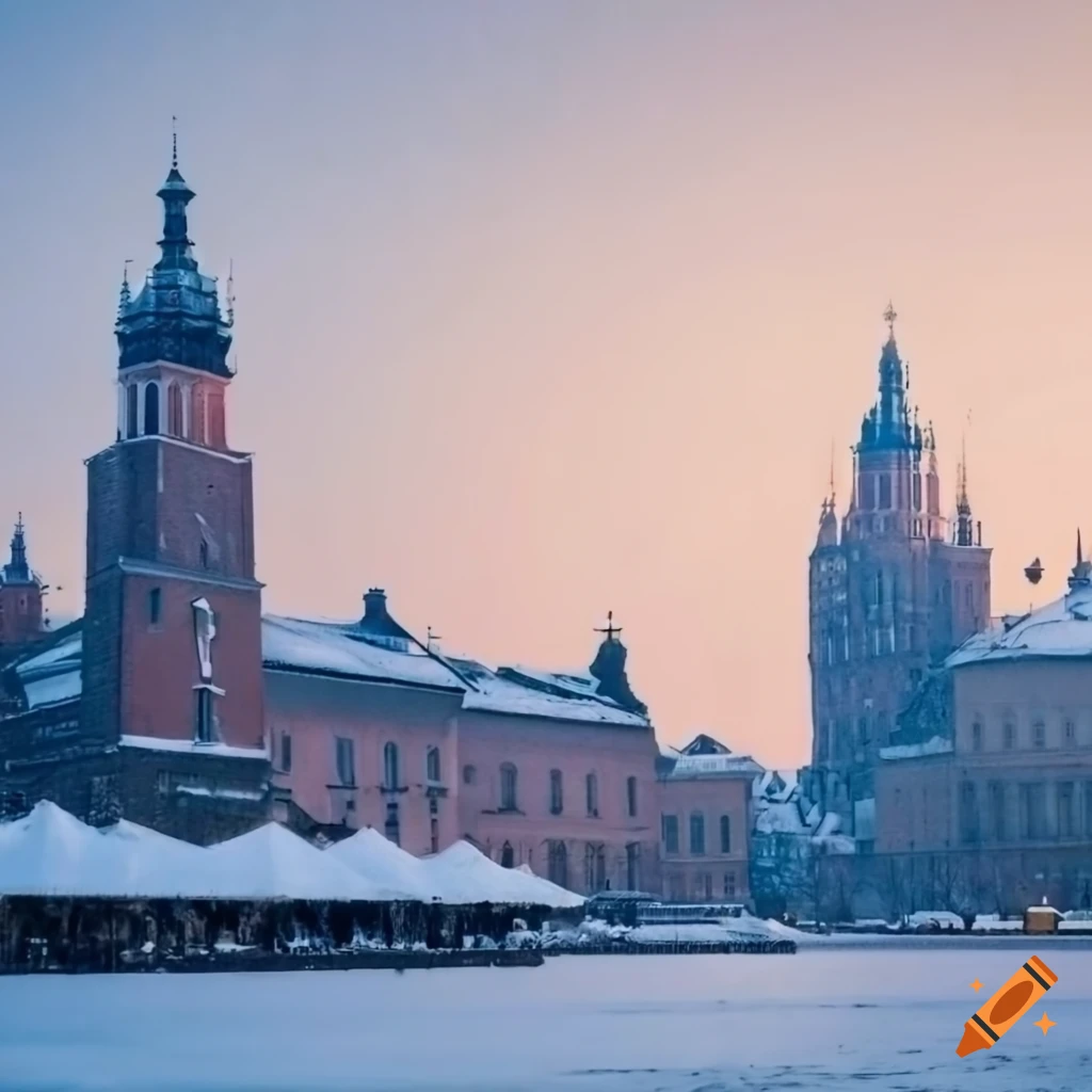 Krakow Market Square covered in snow on a winter day on Craiyon