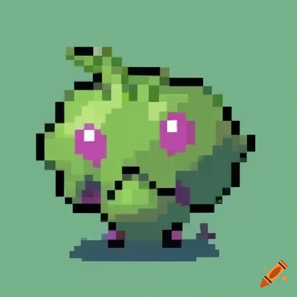 Pixel art of poisoned green pepper pokémon in poison/grass type on Craiyon