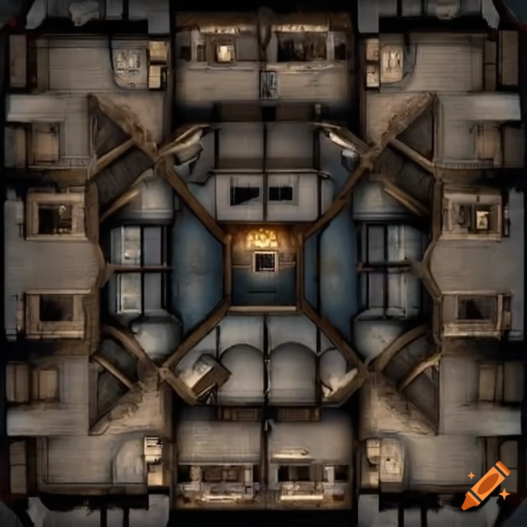 Overhead view of a fantasy prison layout on Craiyon