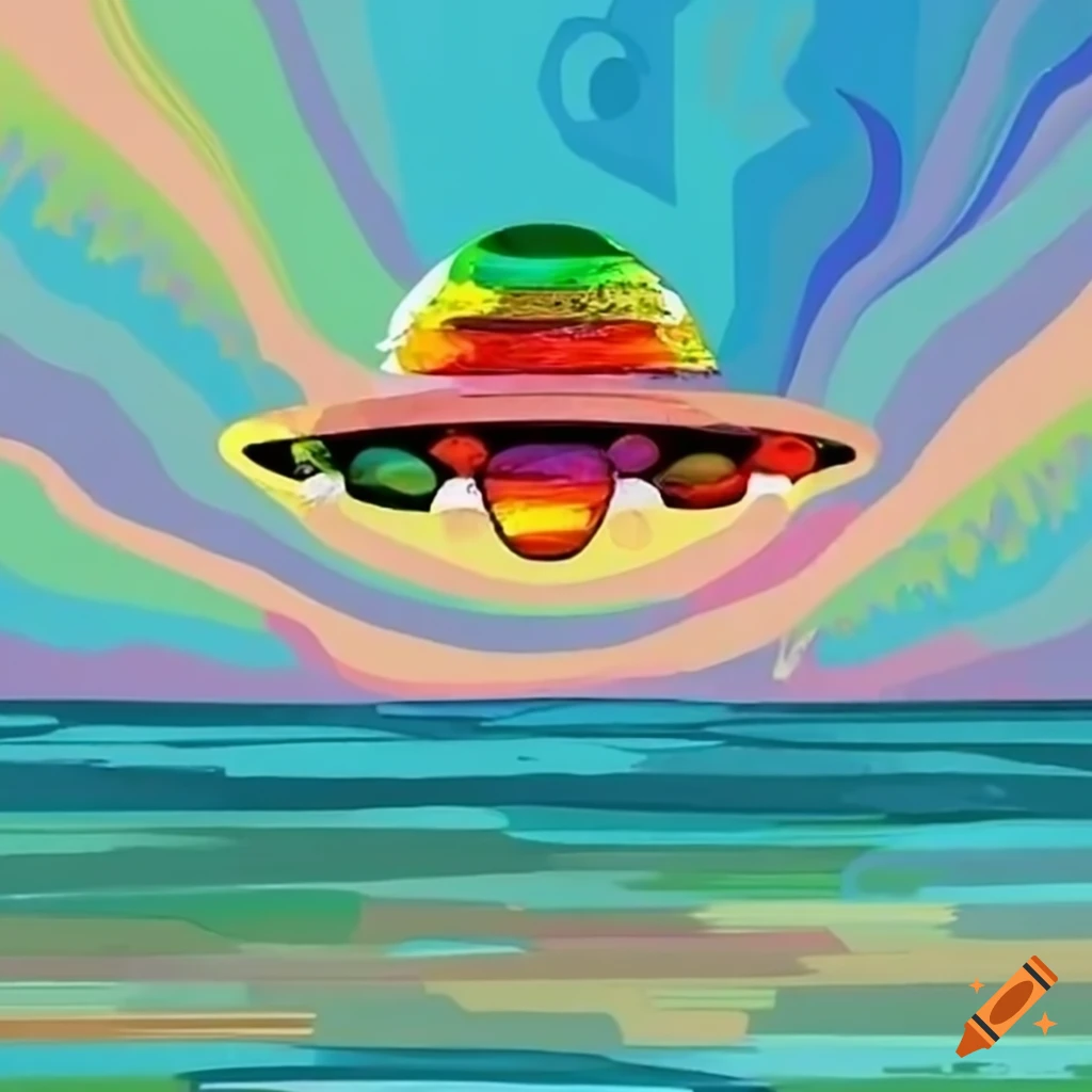 Rainbow ufo hovering over serene beach with lush flora on Craiyon