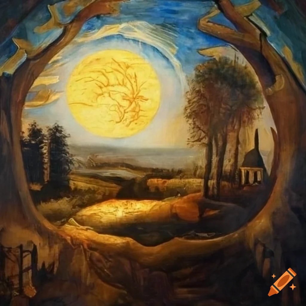 Medieval-style masterful painting of a detailed patchwork landscape ...