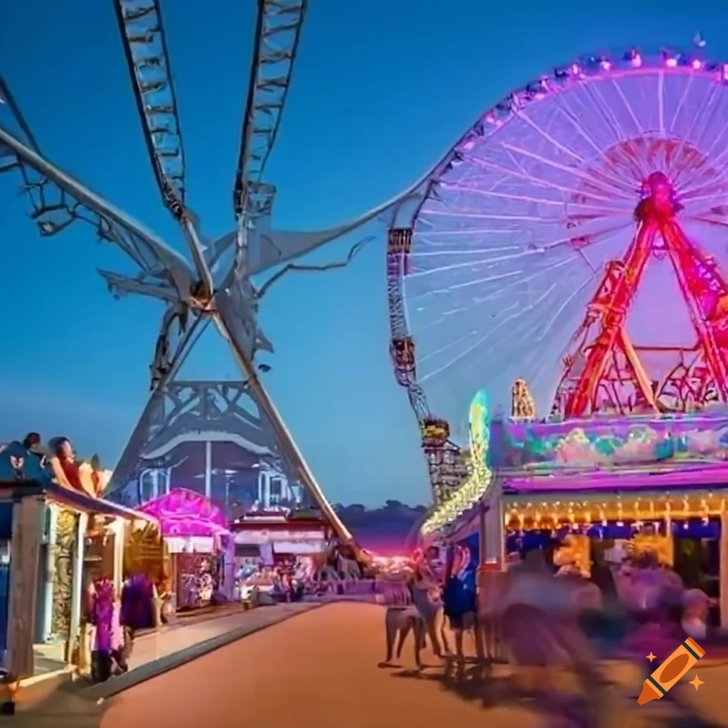 Giant theme park with rides, Ferris wheel, and food stalls bustling ...