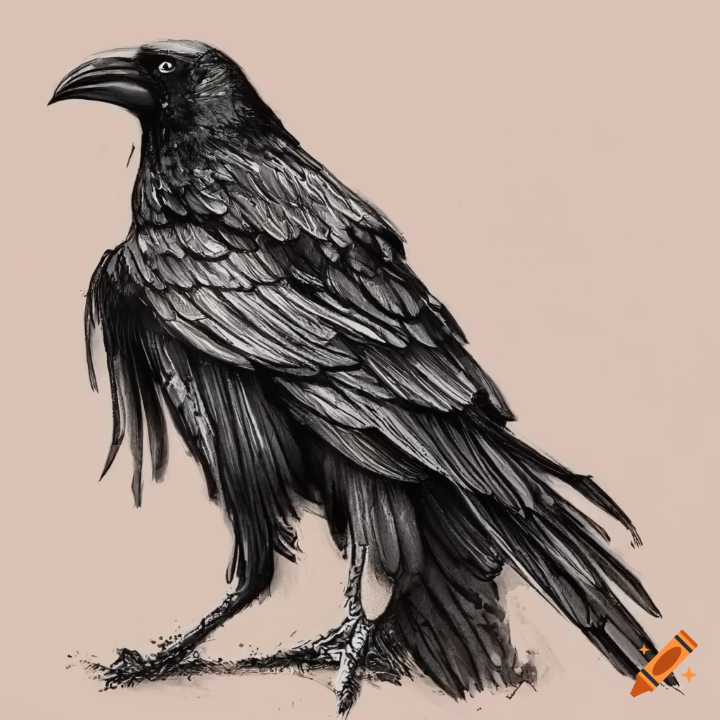 Ink drawing of a raven with blood-red wings on Craiyon