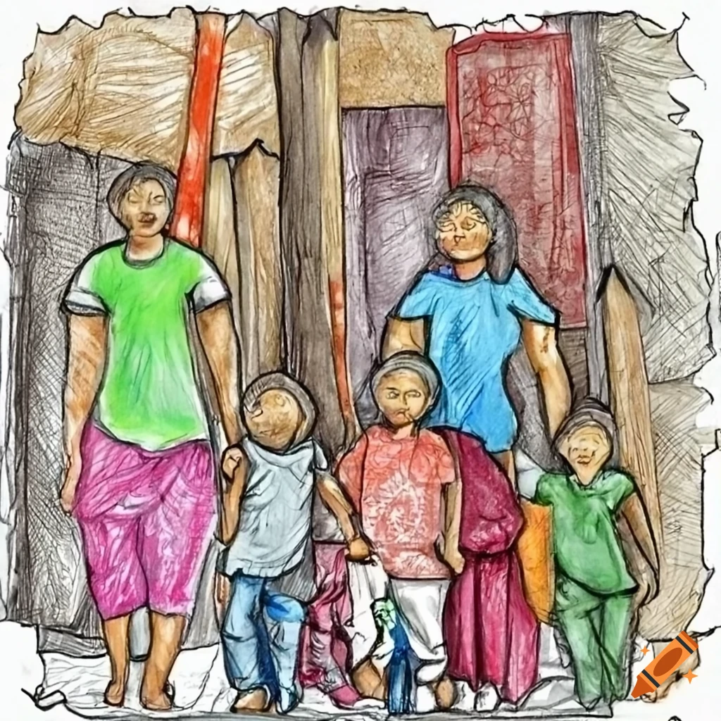 Family of 6 in a poverty illustration on Craiyon