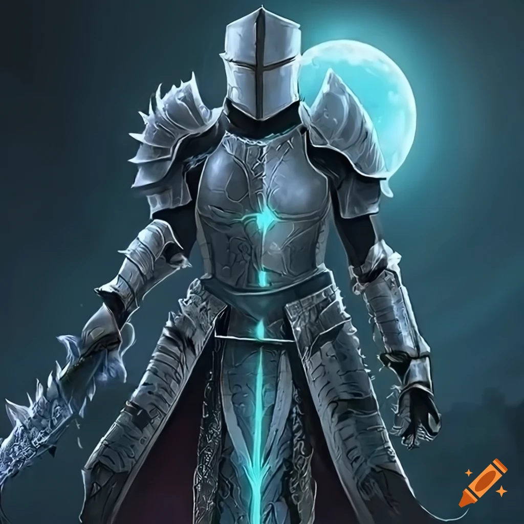 Intricate white knight's armor glowing in moonlight on Craiyon