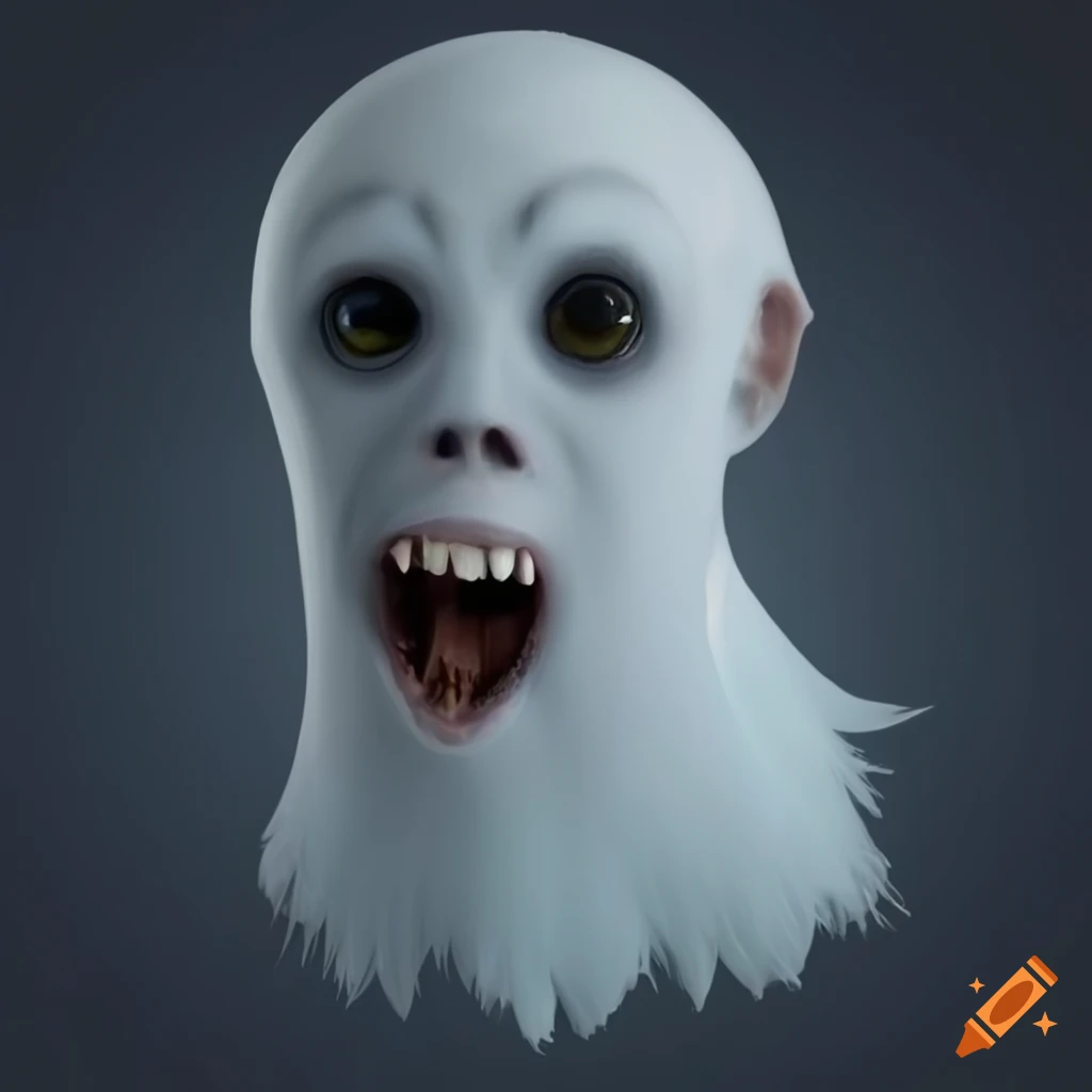 Realistic round ghost with black eyes and spiky teeth grinning on Craiyon