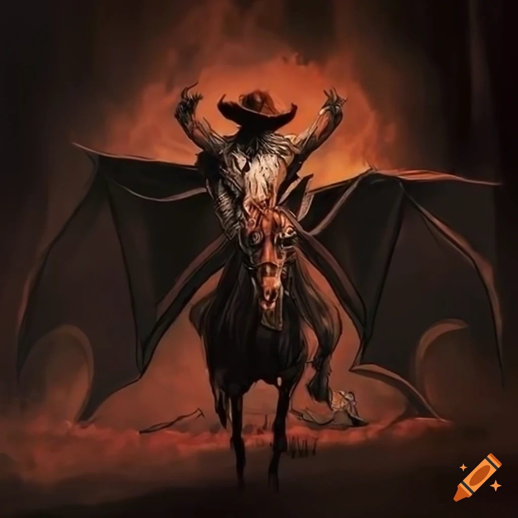 Fierce cowboy riding a graphic bat in surreal heavy metal art on Craiyon