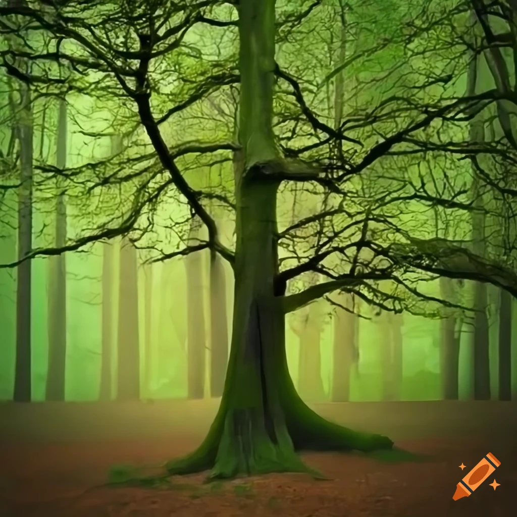 Sick beech tree in a bright green forest on Craiyon