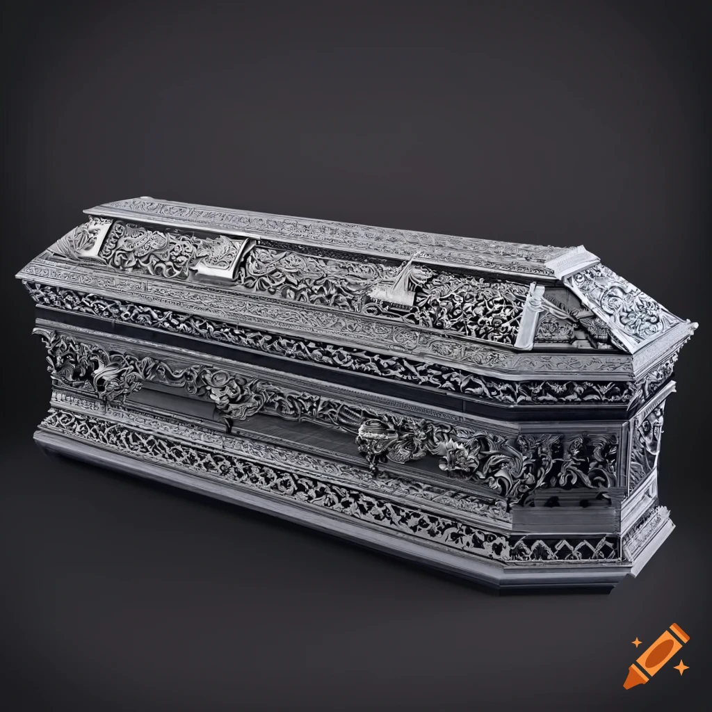 Gothic coffin with intricate details against a white backdrop on Craiyon