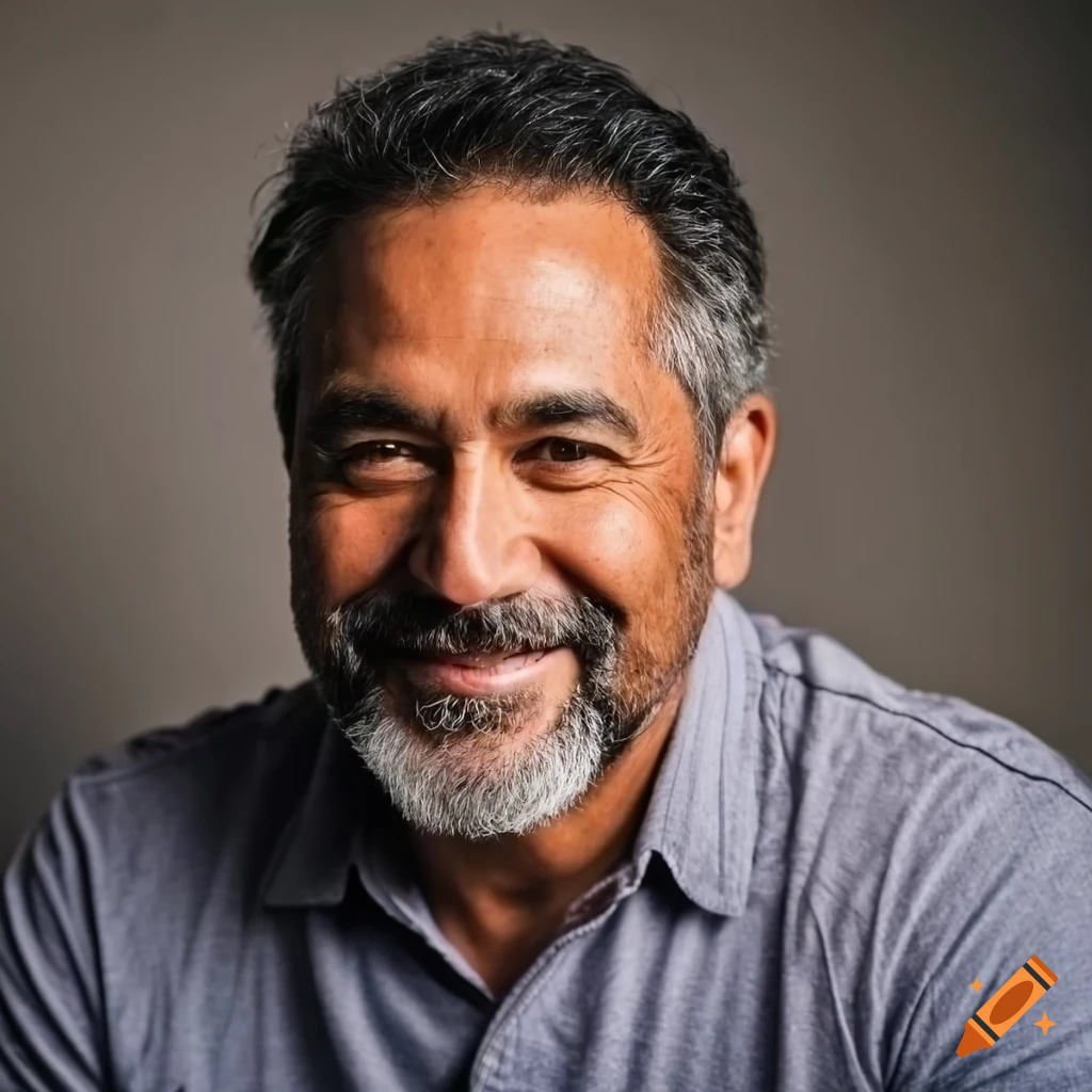 Middle-aged Hispanic man with warm smile and rugged appearance on Craiyon