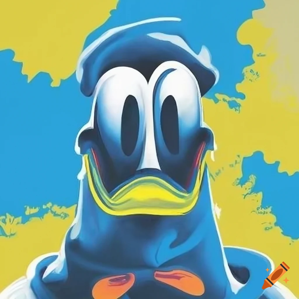 Pop art print of donald duck in blue, yellow, and white on Craiyon