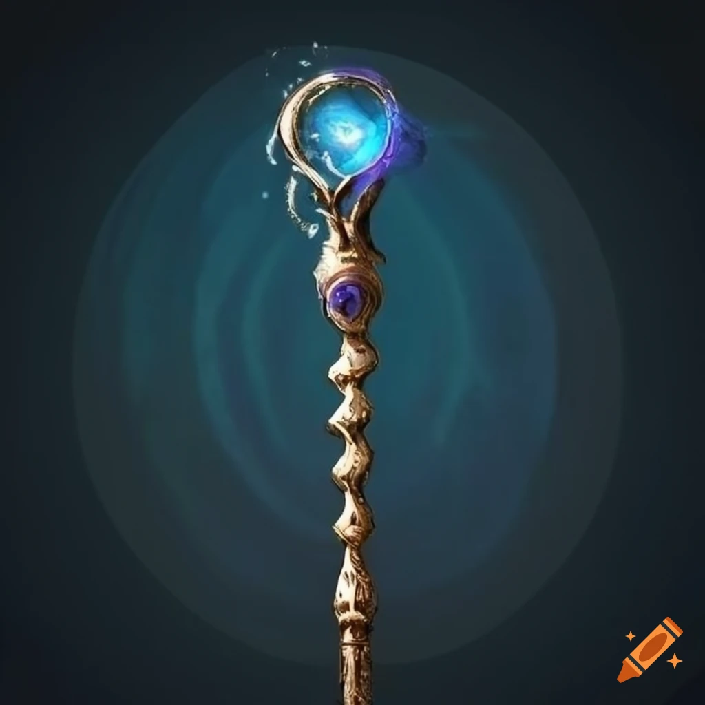 Intricately designed dnd staff with gray and gold woods around a blue ...