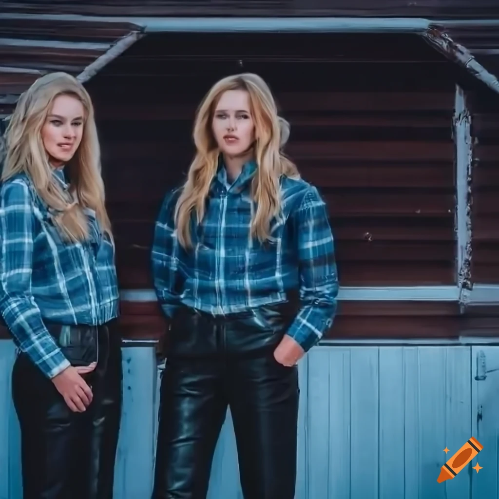Blonde Twins In Country Plaid Shirts And Black Leather Trousers