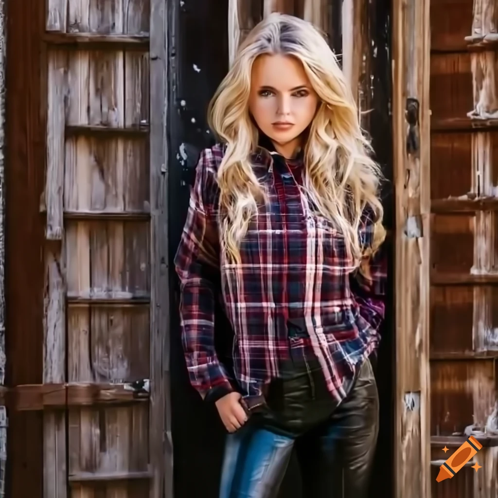 Blonde Twins In Country Plaid Shirts And Black Leather Trousers