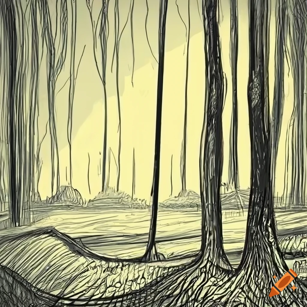 Morning forest landscape sketched in black pencil on Craiyon