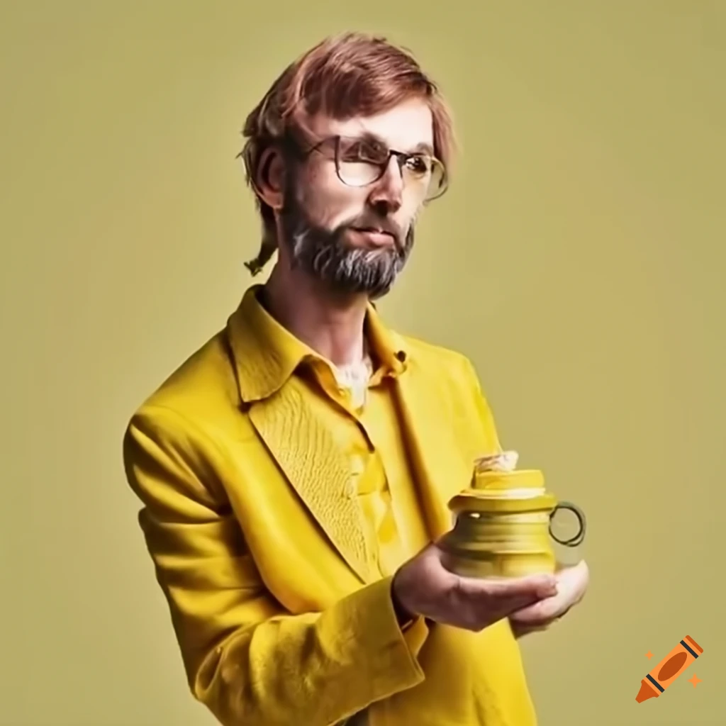 Man in smart yellow outfit holding a jar of mustard on Craiyon