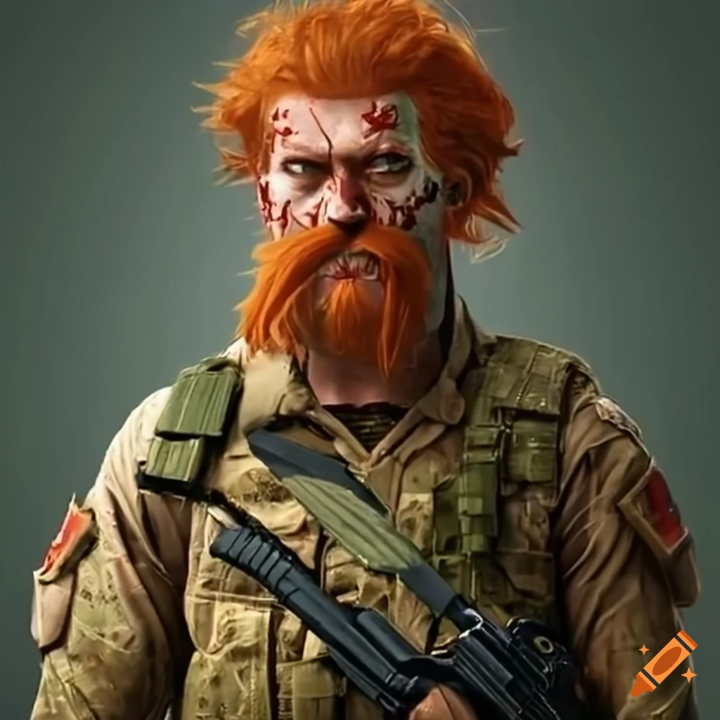 Fierce military leader with ginger mullet, mustache, and battle scars ...