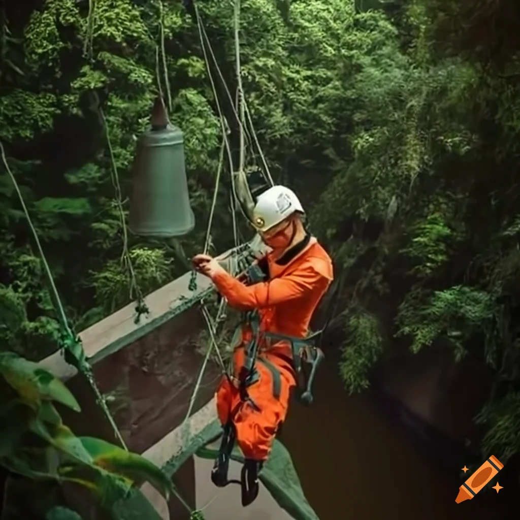 Rope access technician ringing a bell while hanging from a beam ...