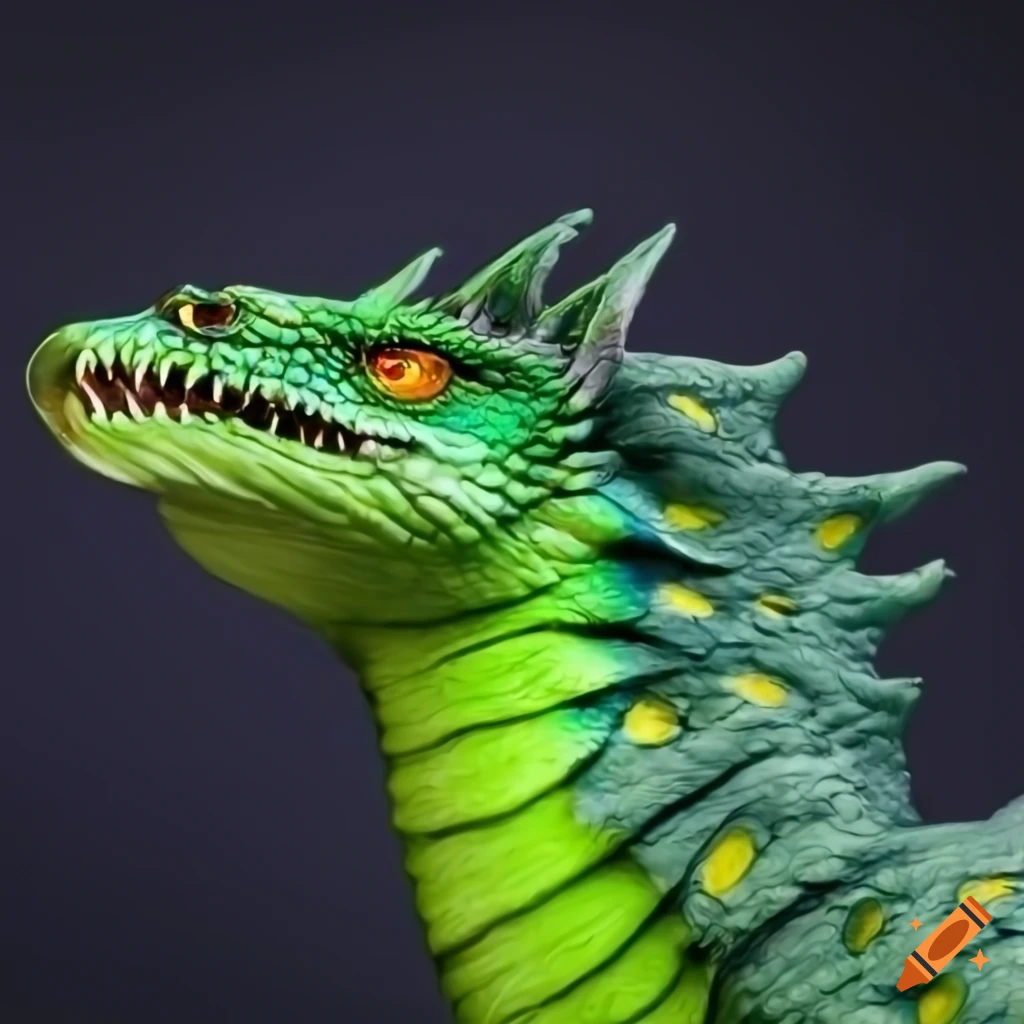 Green drake dragon with yellow eyes on dark background on Craiyon
