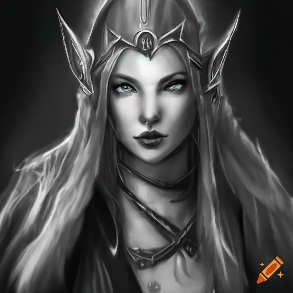 Black and white portrait of an elf cleric healer lady on Craiyon