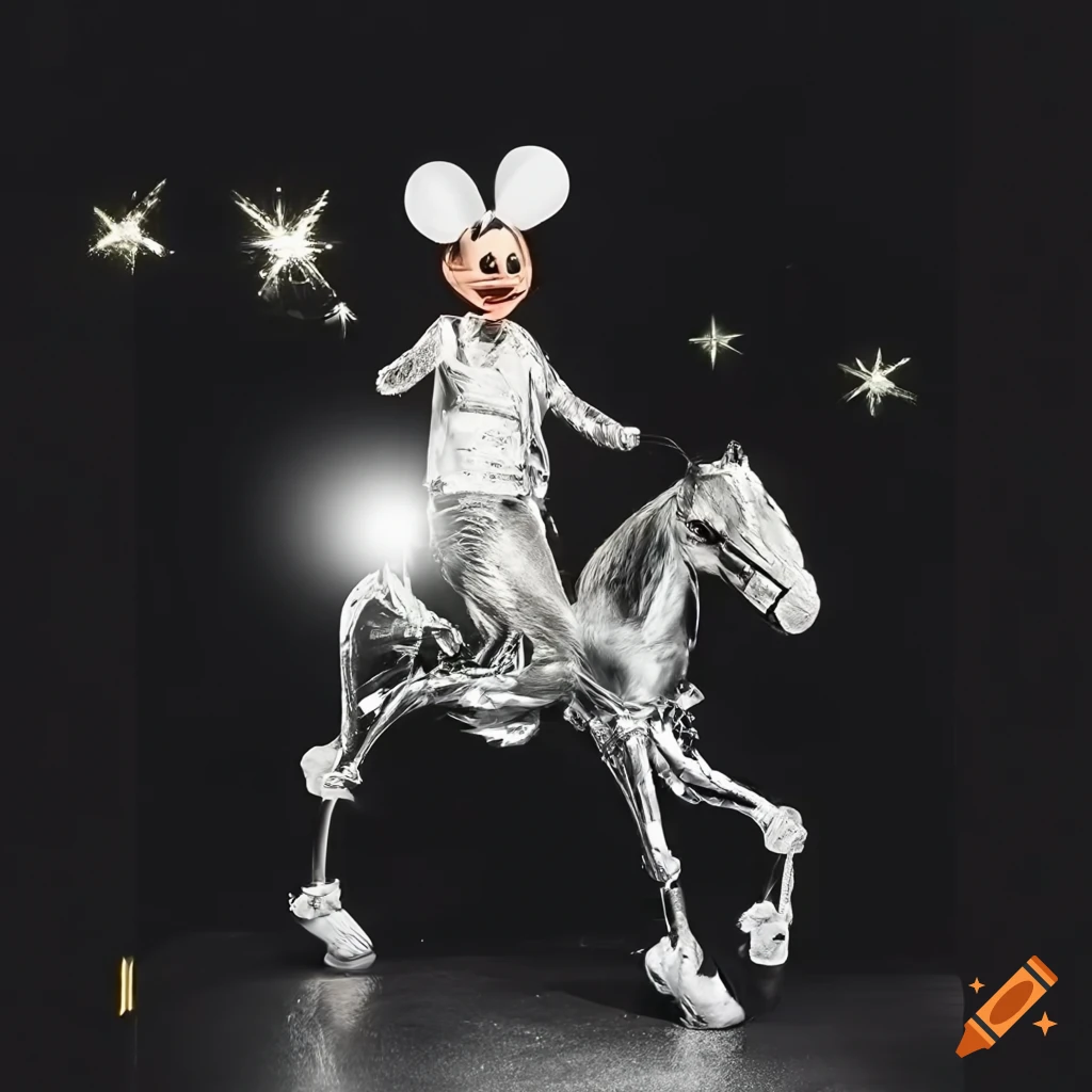 Serious Mickey Mouse on a glass horse with glowing stars and lightning ...