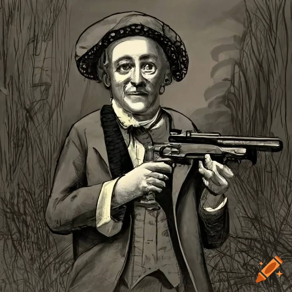 Happy man in 19th-century fancy suit holding a gun in a bayou setting ...