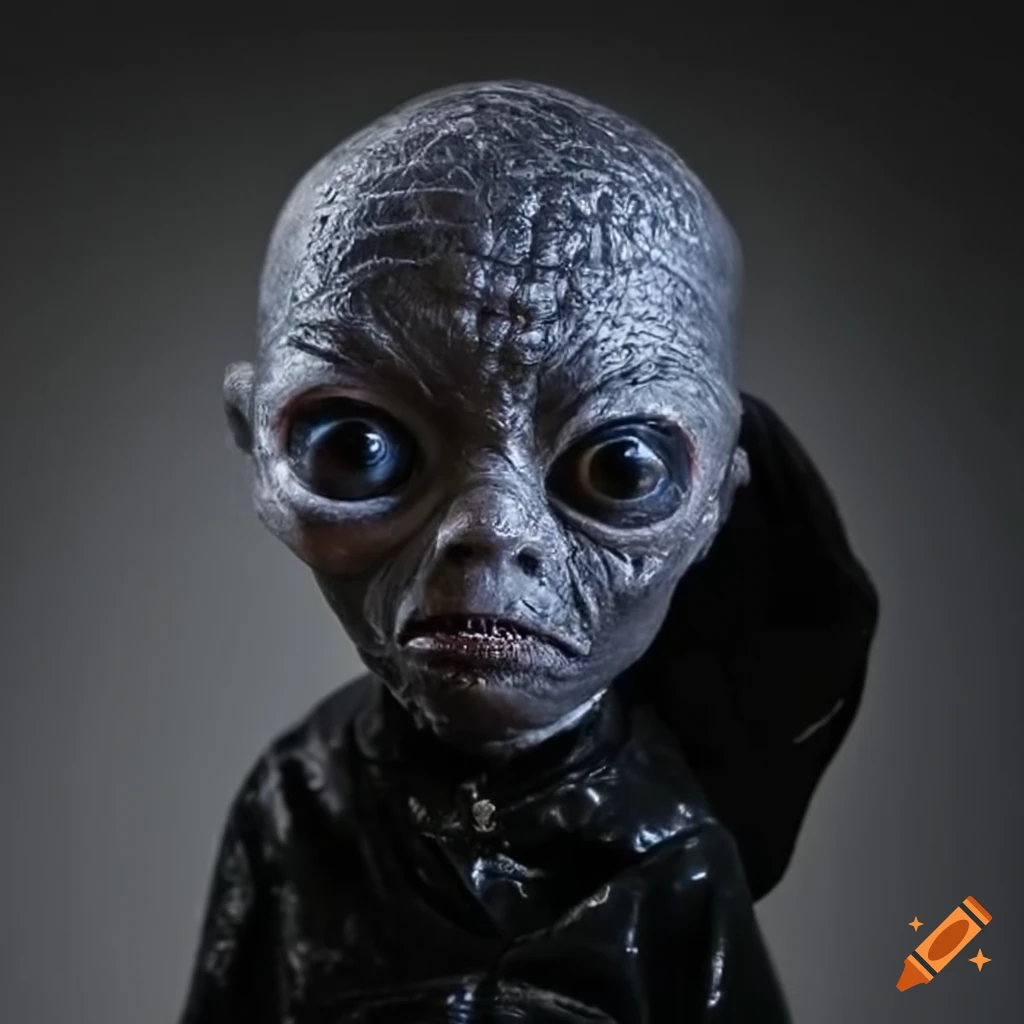 Creepy dwarf alien-pygmy in shiny jacket and black pants on Craiyon