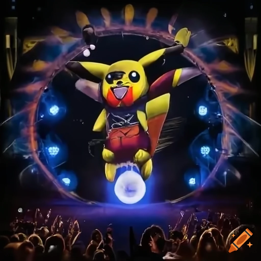 Pikachu rocking out on stage with a heavy metal band on Craiyon