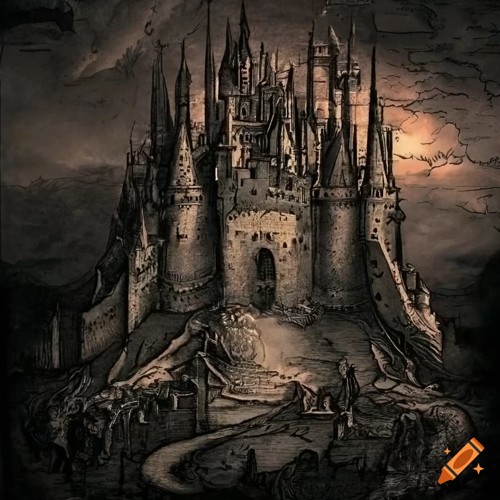 Albrecht Dürer-inspired engraving of a futuristic alien castle in a ...