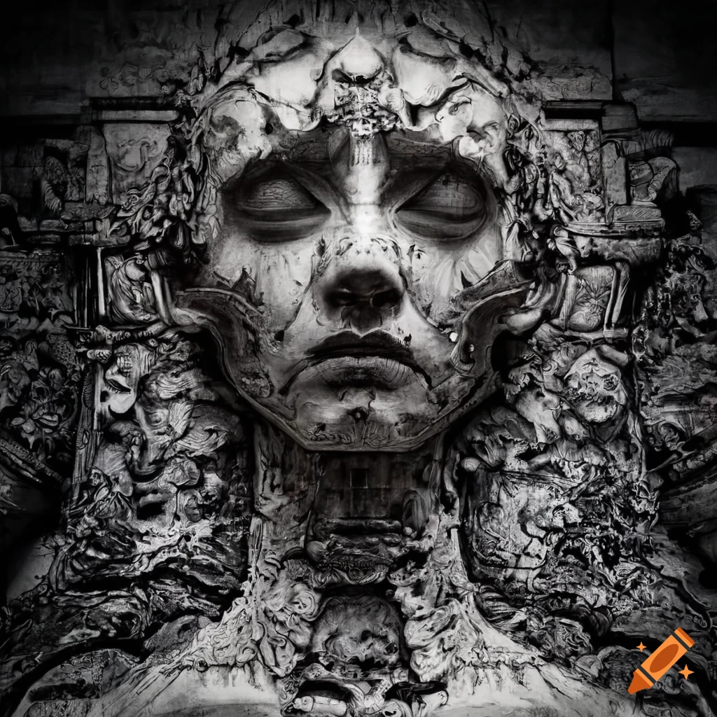 Intricately detailed mural of dark ethereal characters on a crumbling ...