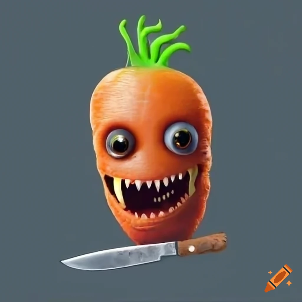 Carrot creature with a big knife and a scary smile on Craiyon