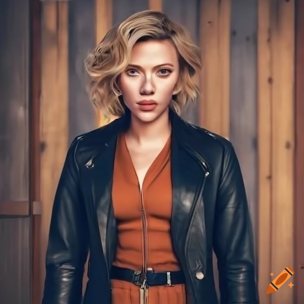 Blonde actress in orange plaid shirt and black leather jacket on Craiyon