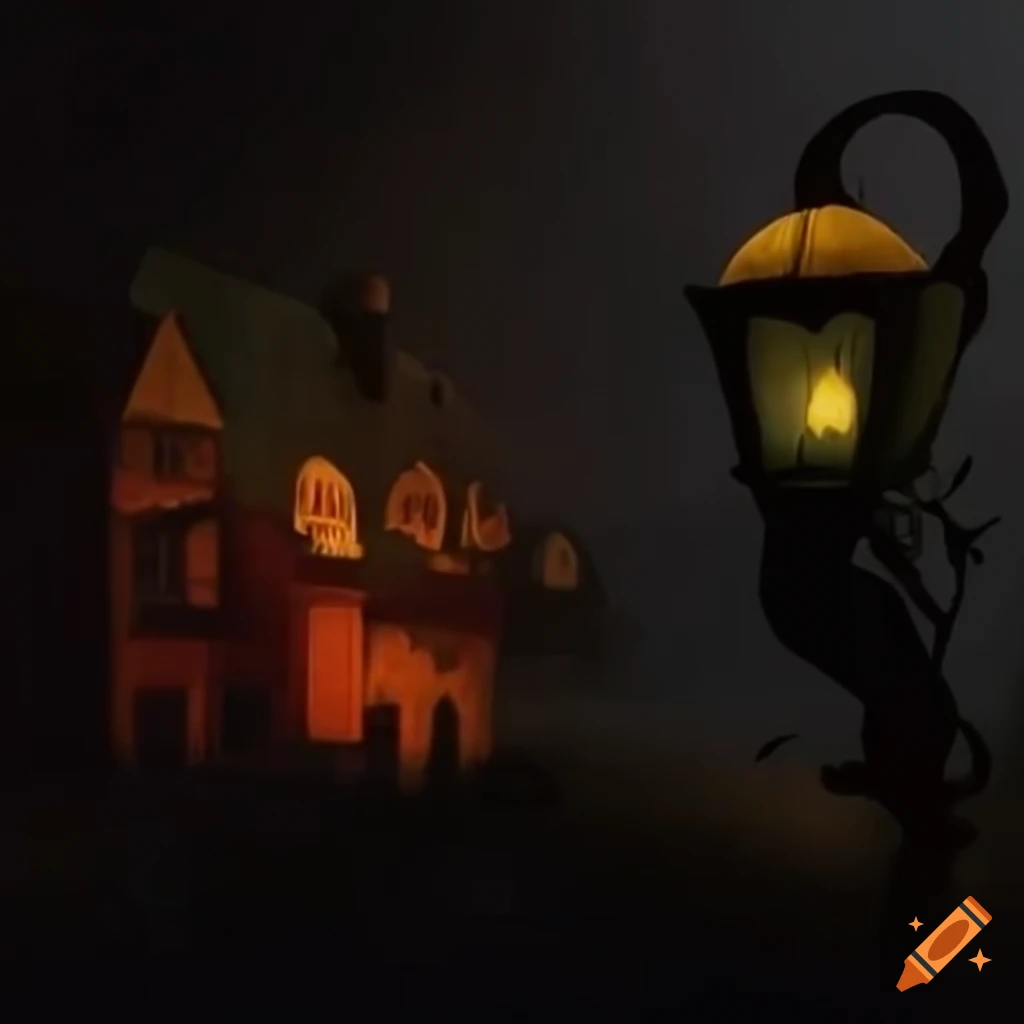 Halloween night in suburban streets with spooky lamp post on Craiyon