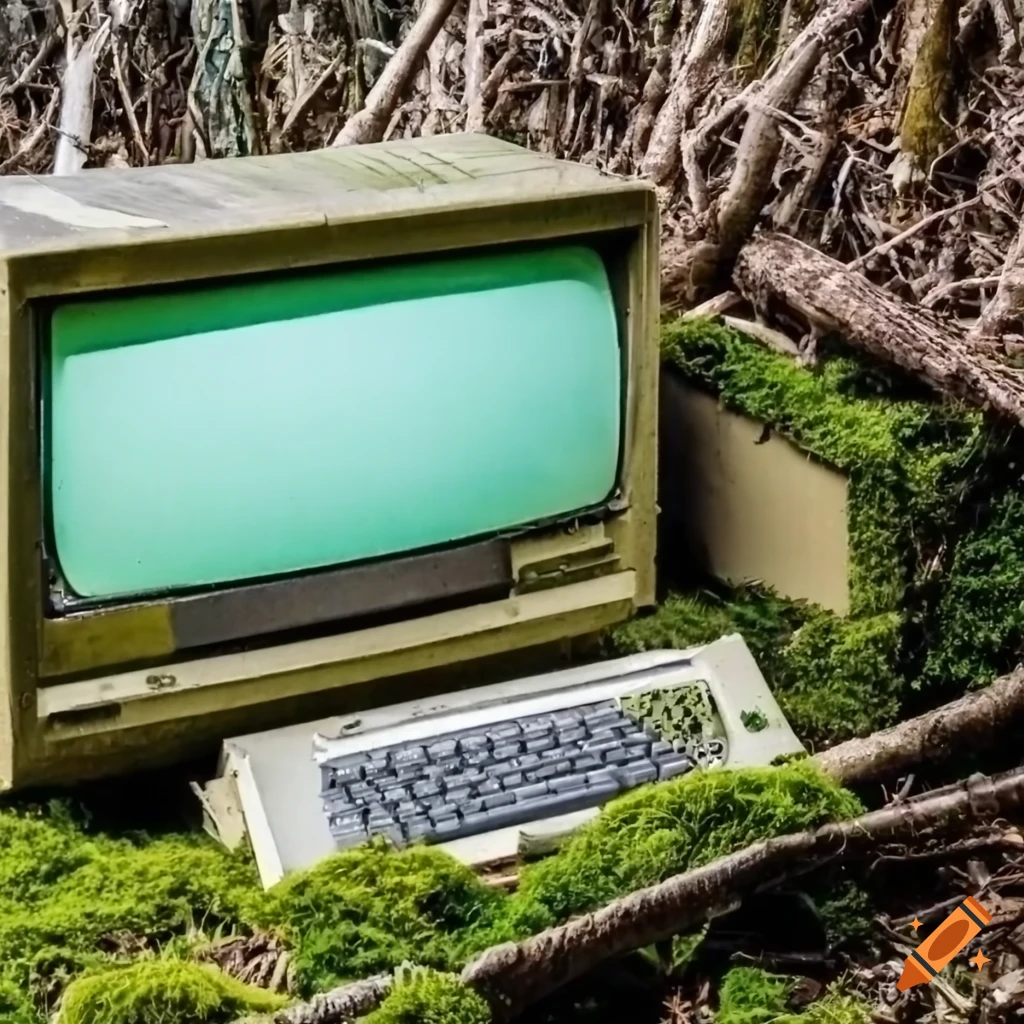 Old pc and monitor overgrown with moss and roots in a post-apocalyptic ...
